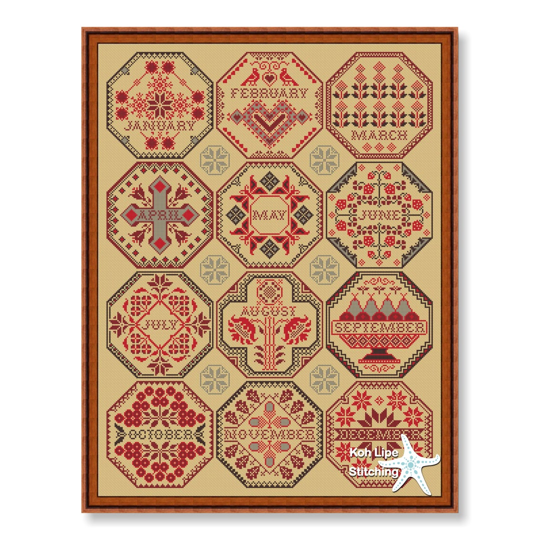 Quaker Calendar Cross Stitch Sampler: Months of the Year Primitive ...