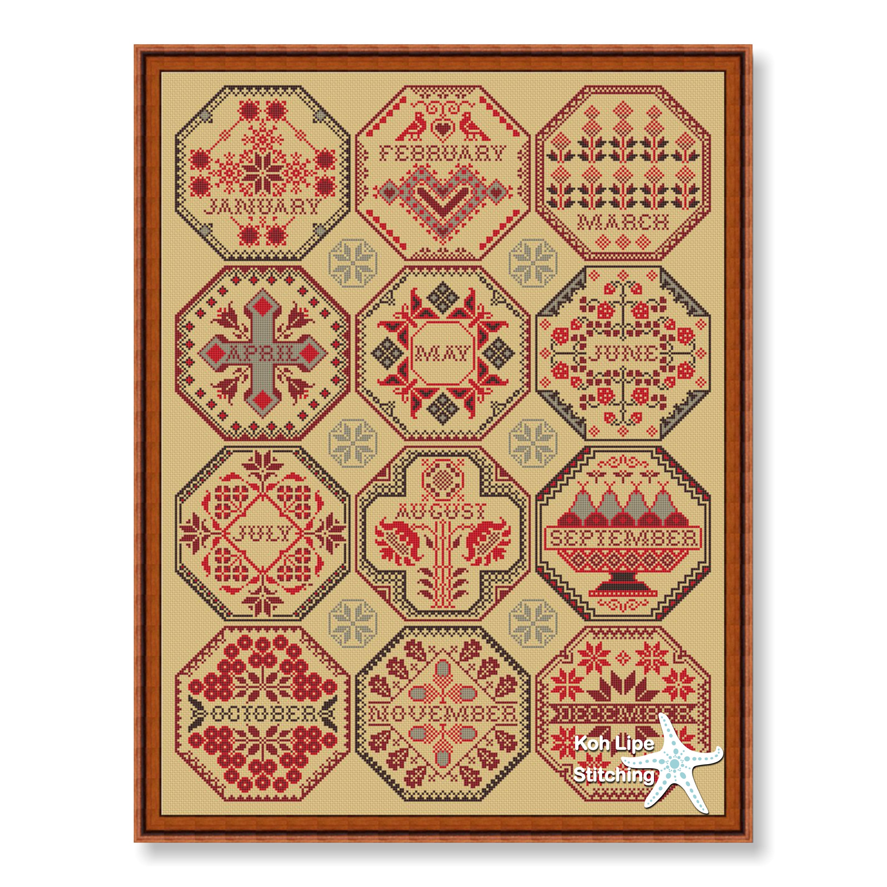 Quaker Calendar Cross Stitch Sampler: Months of the Year Primitive ...
