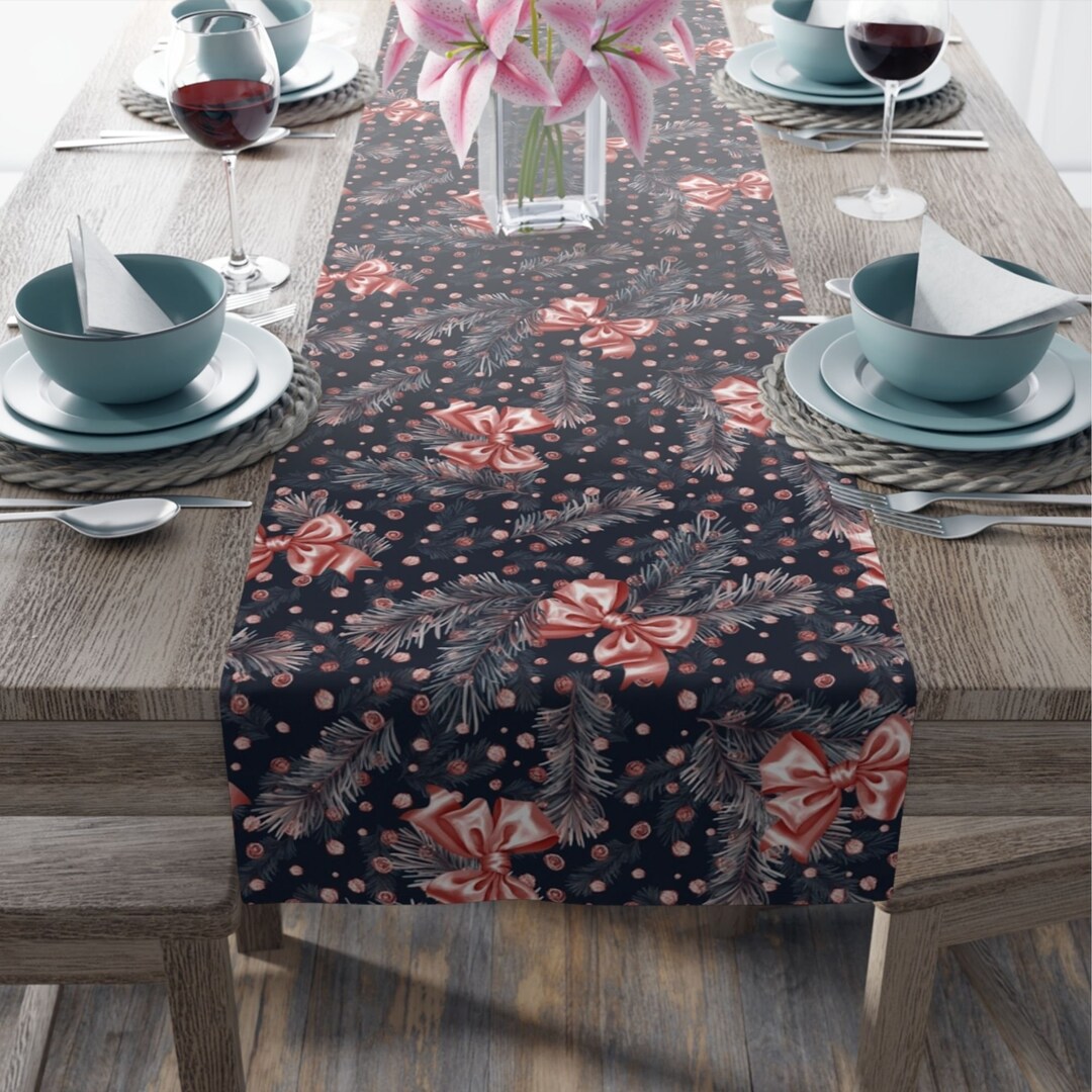 Table Runner - Christmas Pink Bow Pattern, Festive Kitchen Linens ...