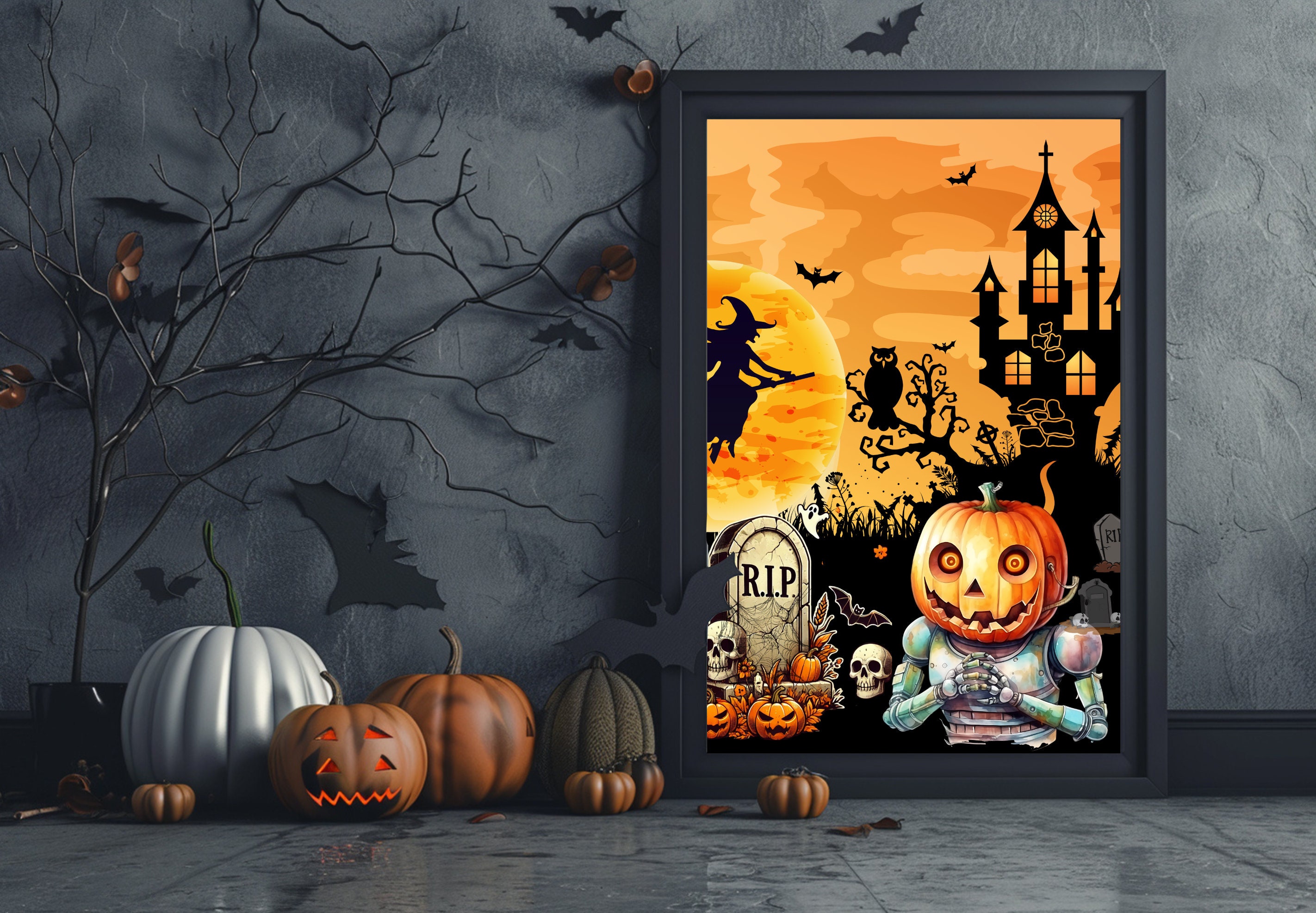 Halloween Poster With Steampunk Robot Pumpkin Witches, Ghosts, Haunted ...
