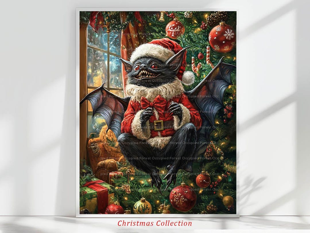 Bat Santa Claus Premium Poster Funny Holiday Scene Print Cute Animal ...
