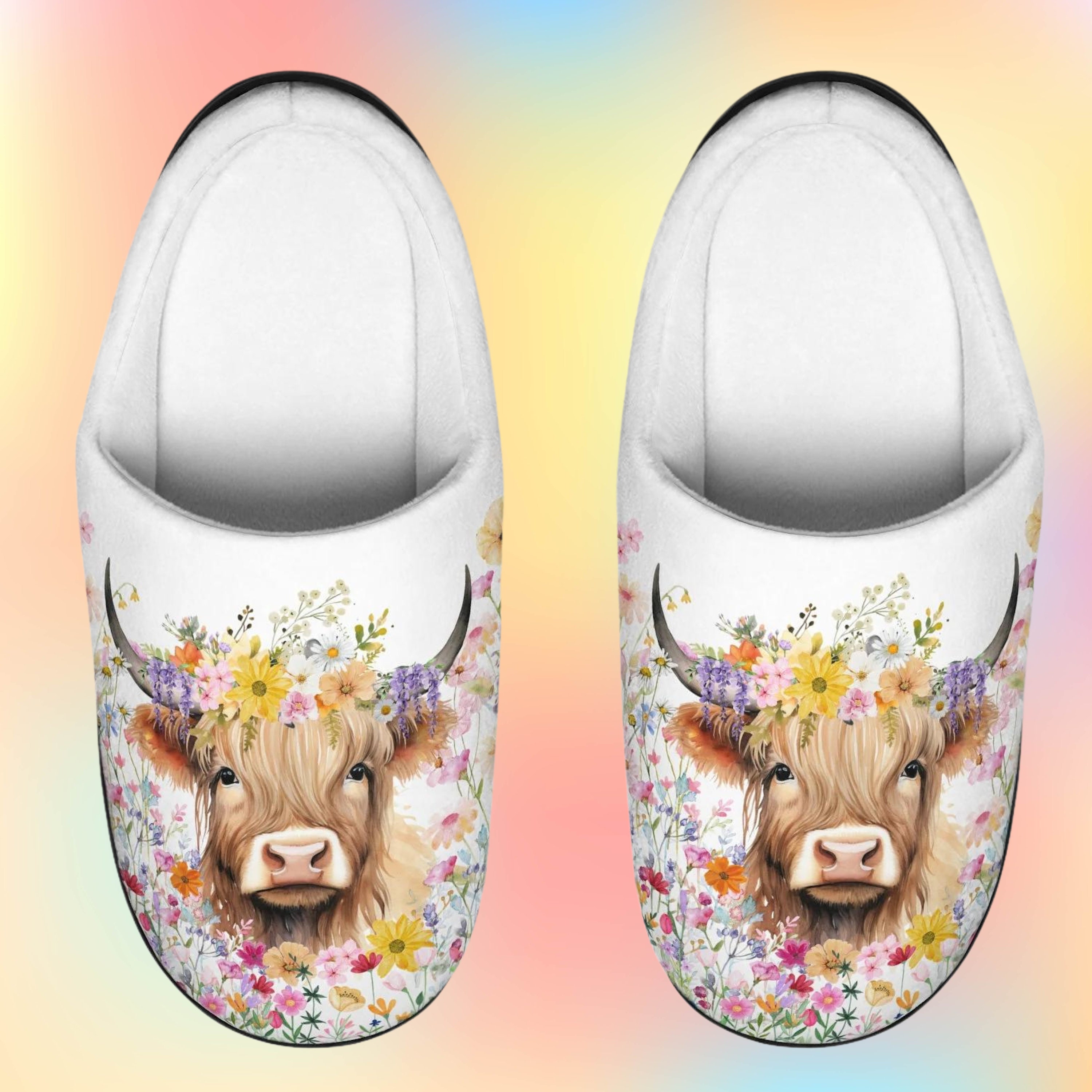 Highland Cow & Wildflower Crown White Slippers Men and Women's Sizes ...