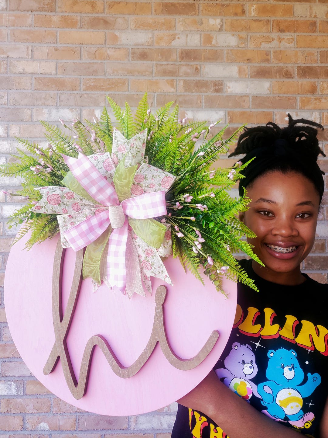 Floral Spring Door Hanger: Pink Wood "hi" Sign With Bow - Etsy