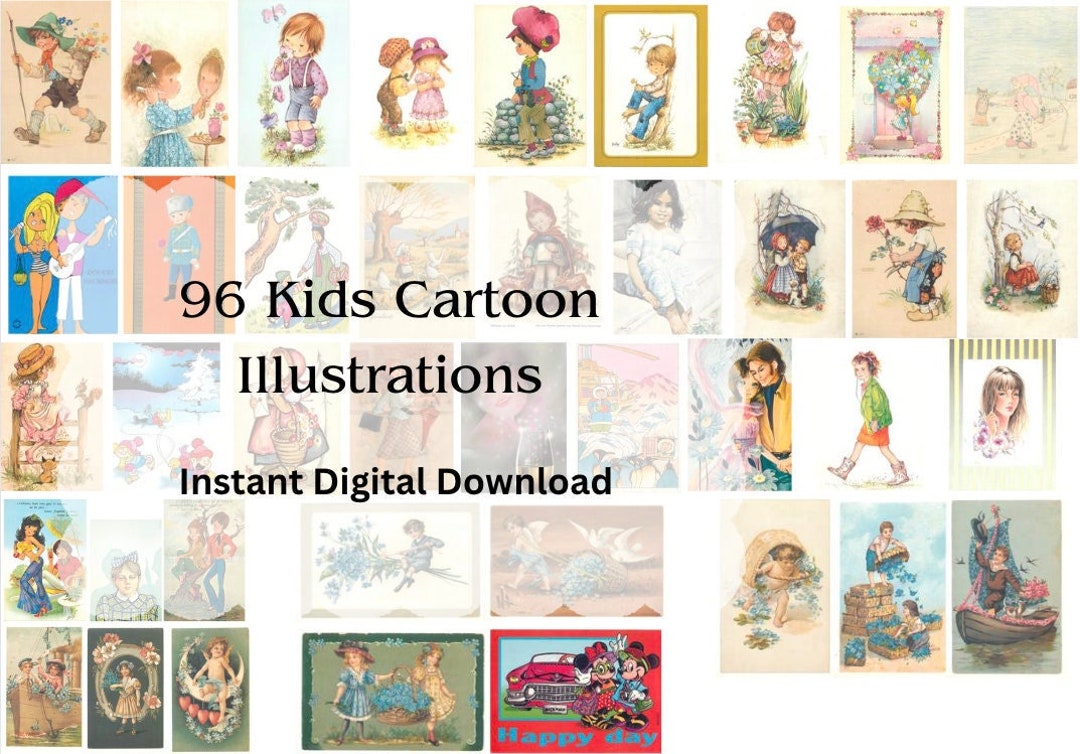 Comic Kids Cartoon Postcards, 96 Kids Cartoon Illustrations, High ...