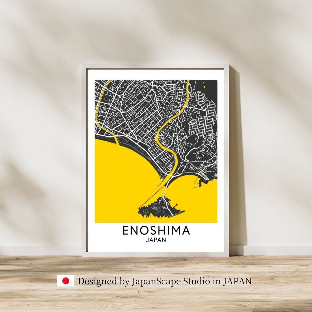 Minimalist Black and Yellow Enoshima Map Poster Modern Japan Wall Art ...