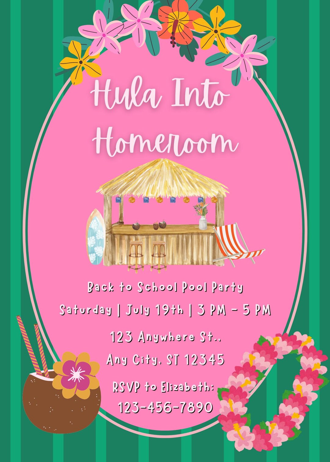 Hula to Homeroom Back to School Luau Pool Party Invitation Template ...