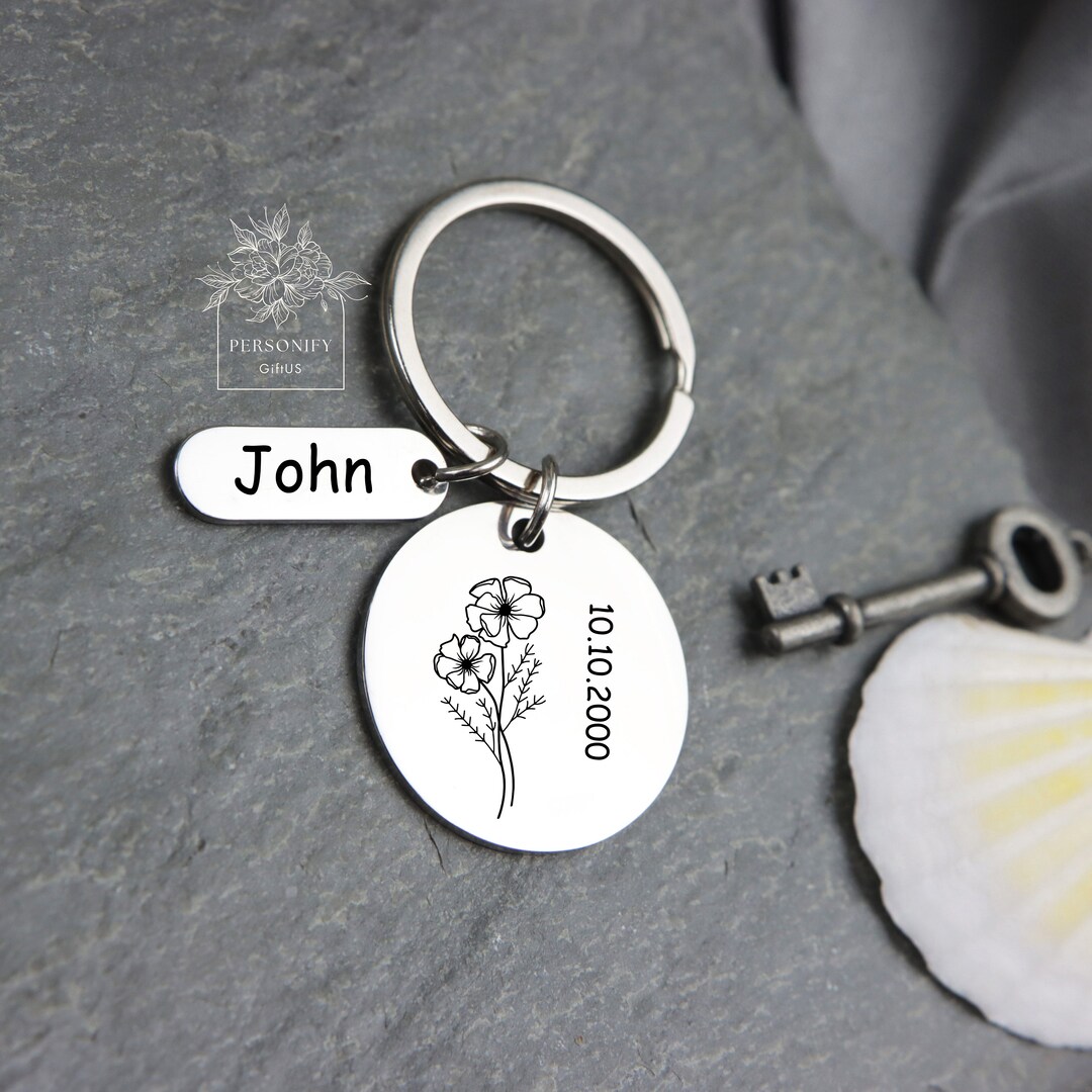 Flower Month Keychain, Silver Keychain, Customized Keychain, Flower ...