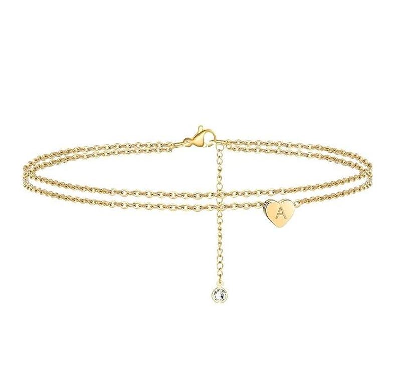 Initial Anklet Bracelet Double Chain Heart Charm Anklet Personalized ...