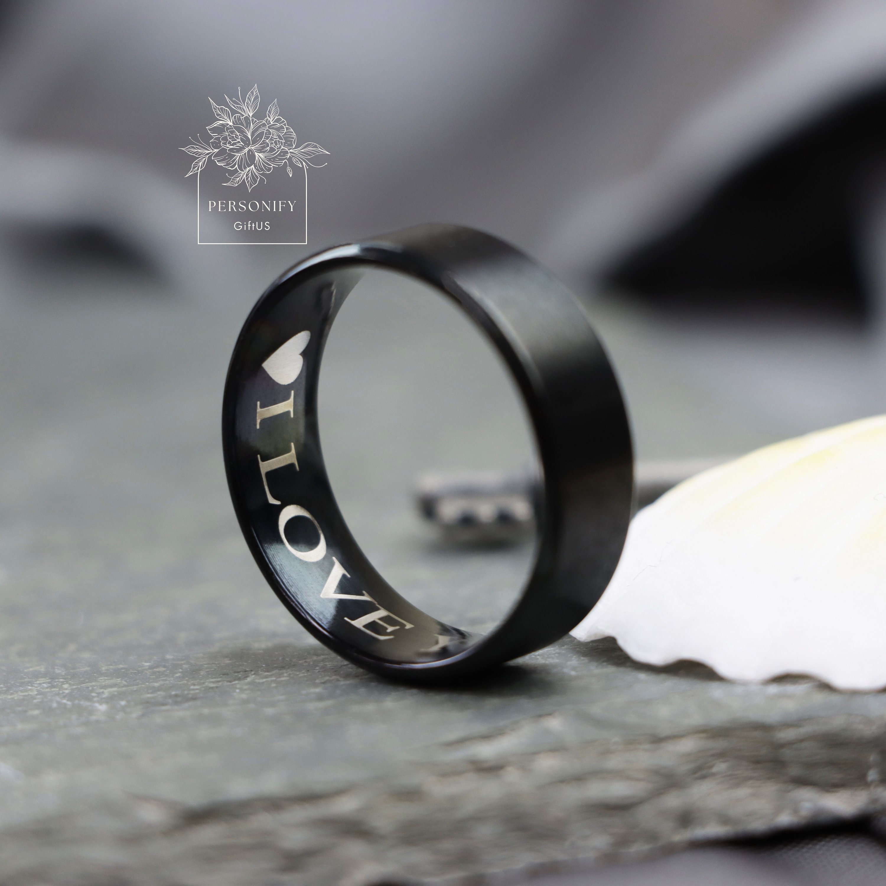 Men's Engraved Matte Black Ring, Stainless Steel Wedding Ring, His ...