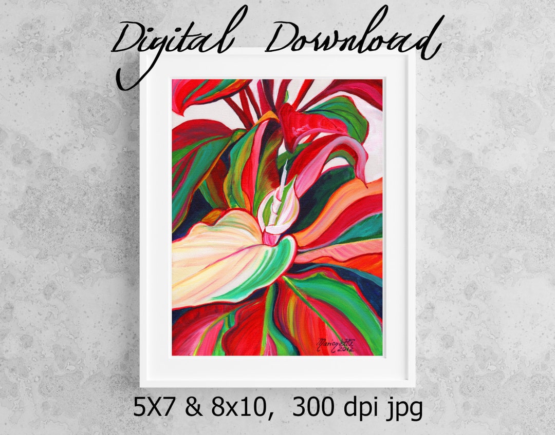 Red Ti Leaves Print, Printable Wall Art, Downloadable, Hawaii Decor ...