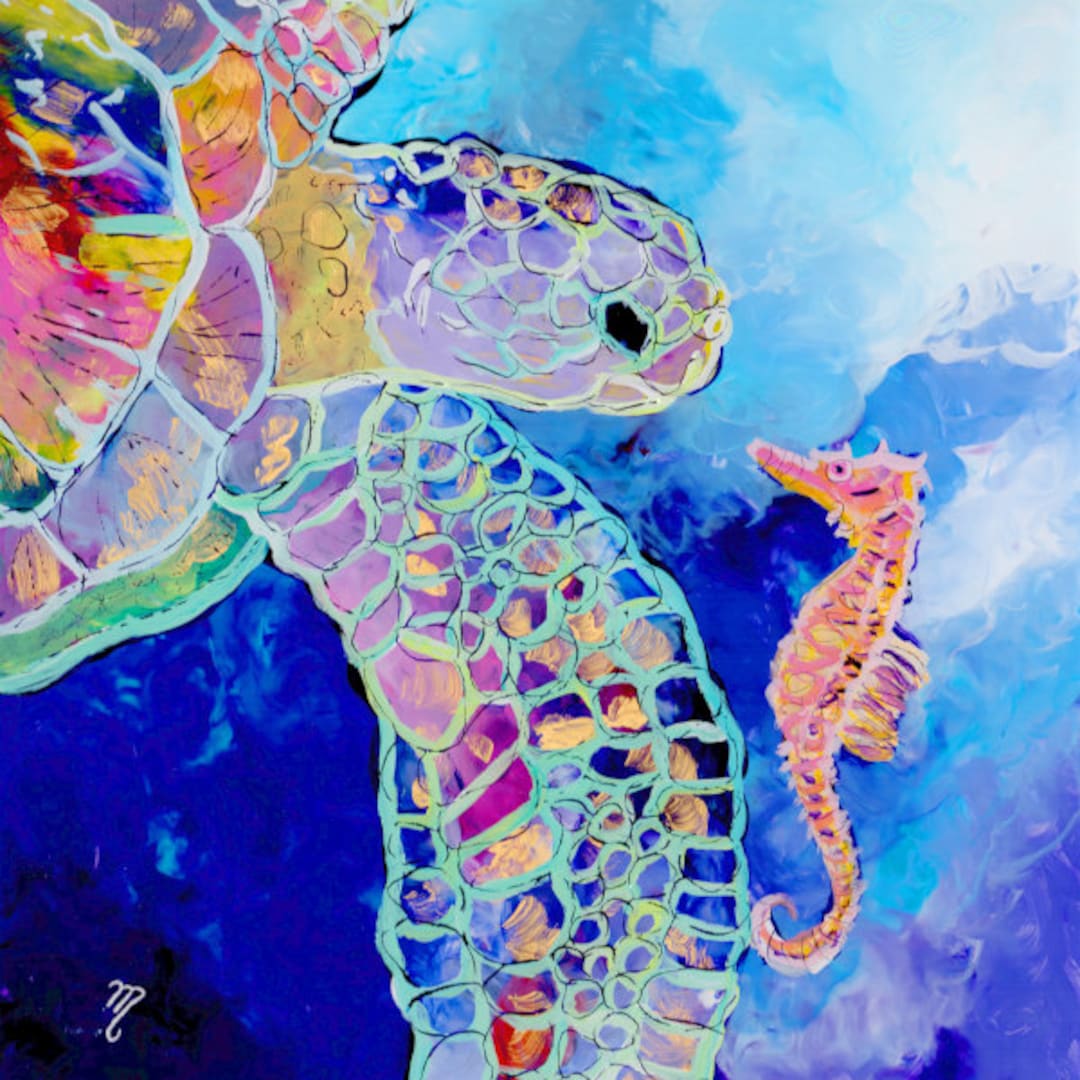 Turtle With Seahorse Print, Sea Turtle Art, Under the Sea, Ocean Life ...
