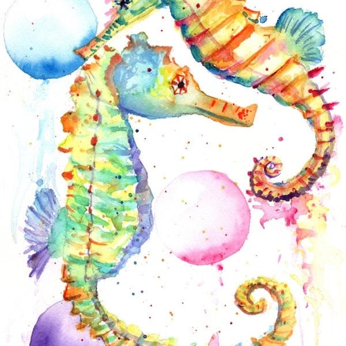 Turtle With Seahorse Print Sea Turtle Art Under the Sea - Etsy
