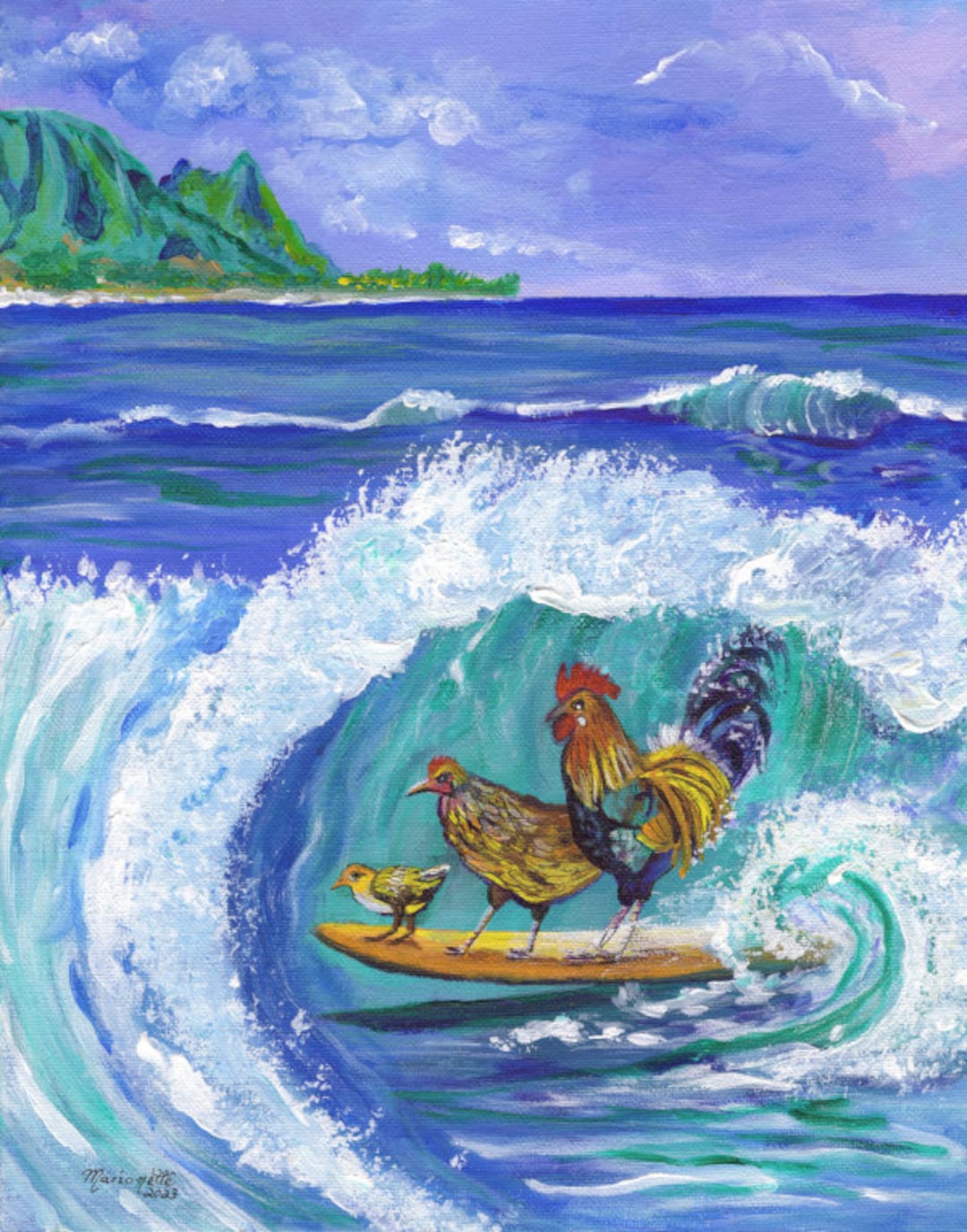 Kauai Chicken and Rooster Surfing Wall Art Print - Etsy