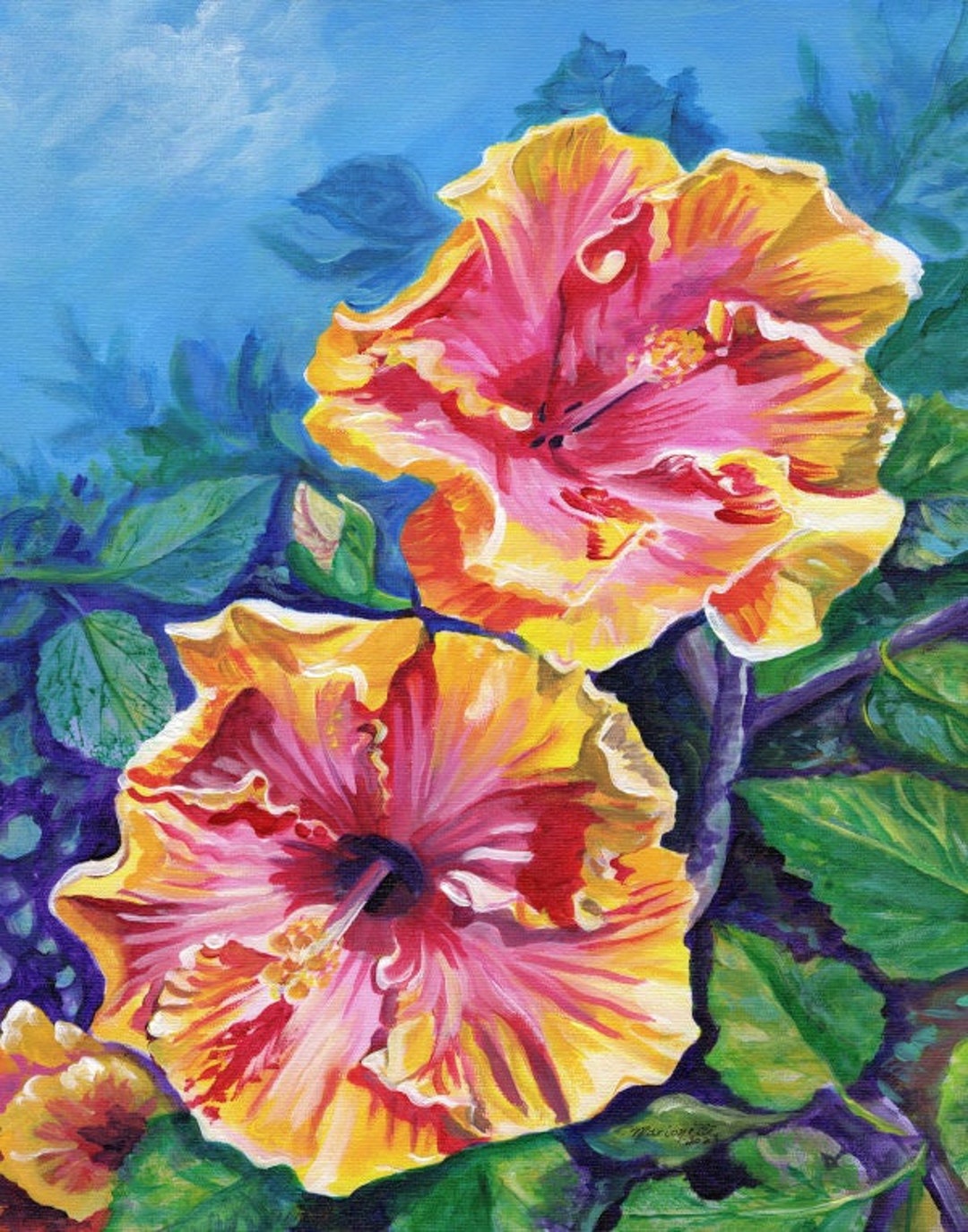 Pink and Yellow Hibiscus Art Print Wall Decor - Etsy