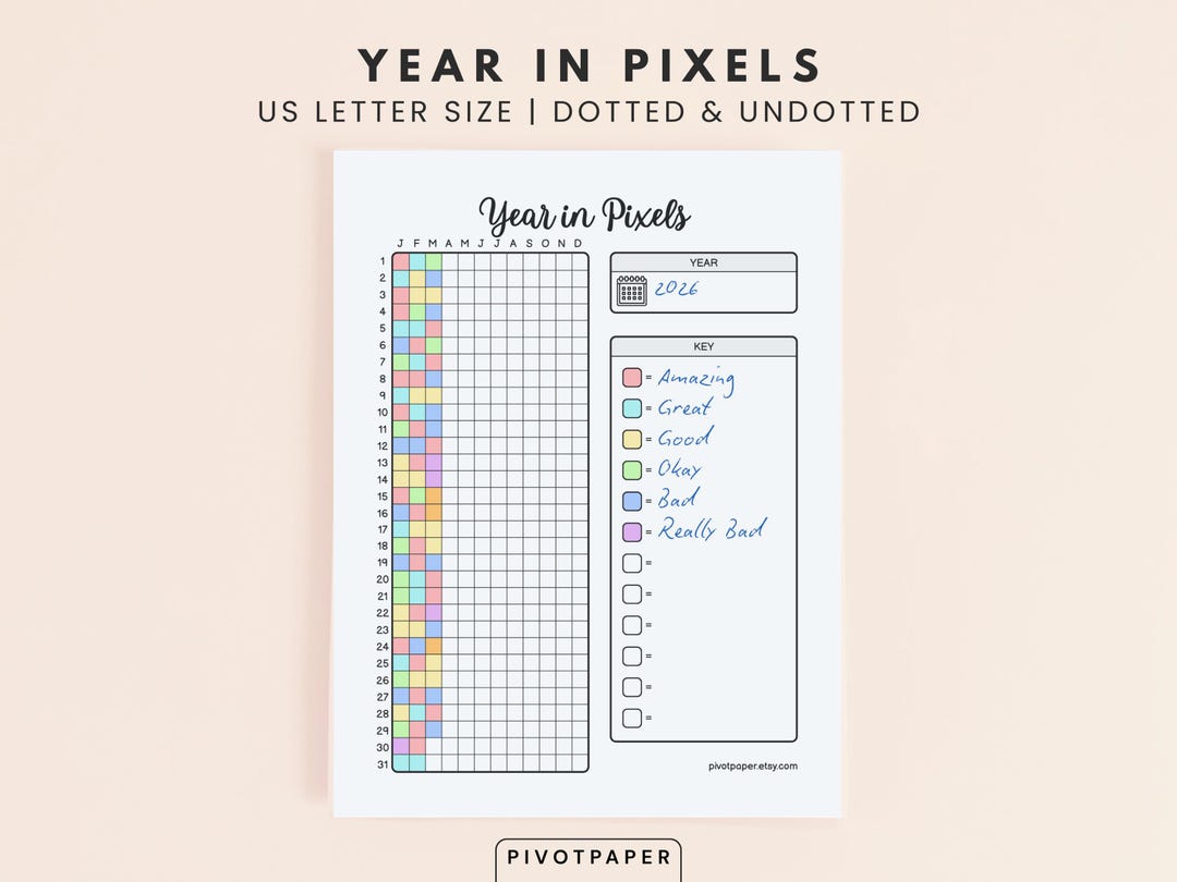 Year in Pixels Tracker & Rate My Day Printable Daily Mood Tracker ...