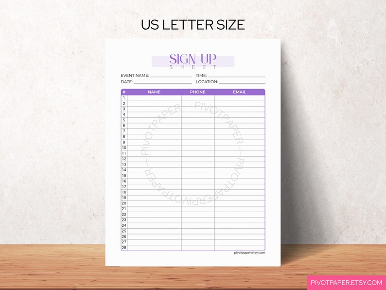 Fall Sign up Sheet Printable: Purple Event Registration (instant ...