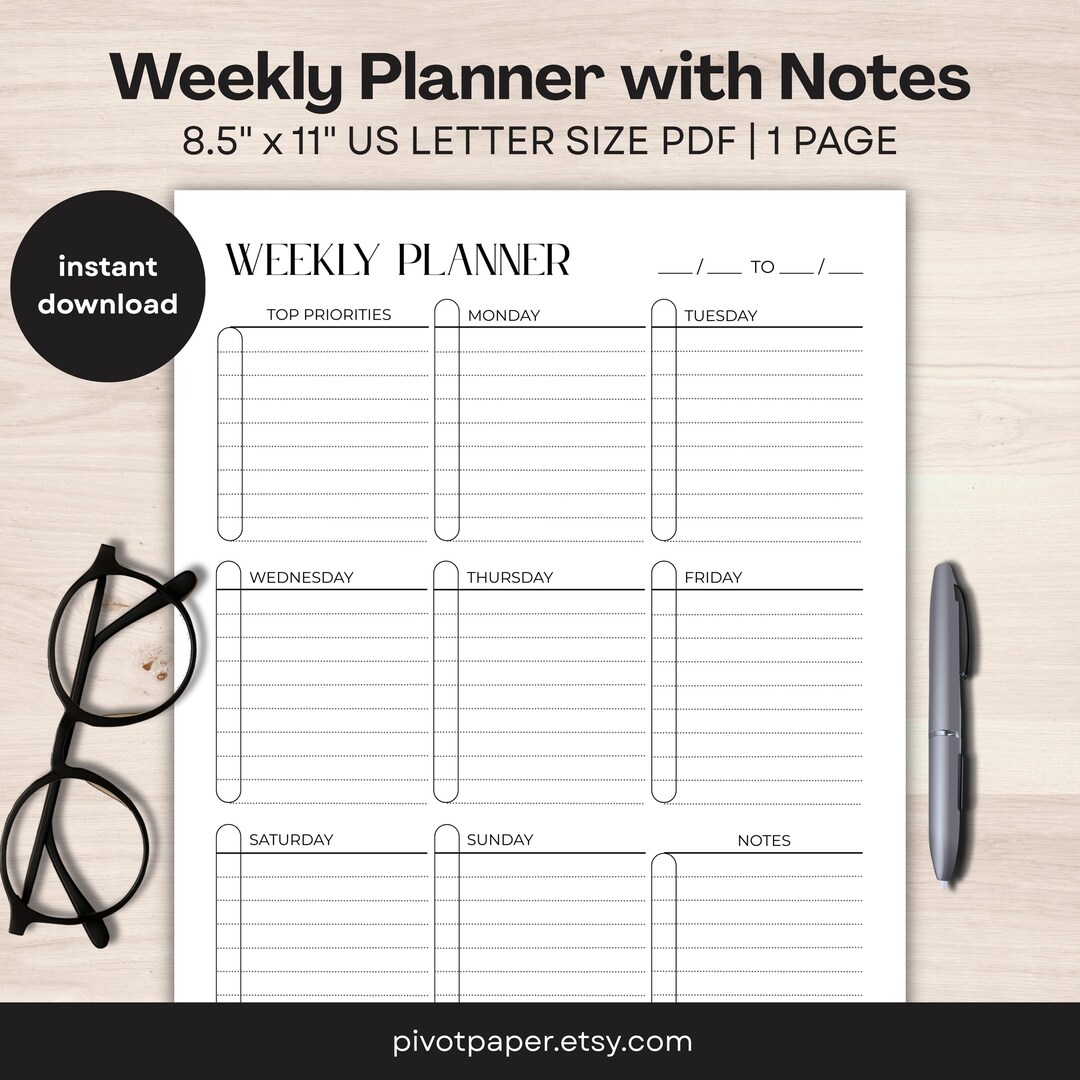 Weekly Plan Page Printable With Notes & Priorities Section, Weekly ...