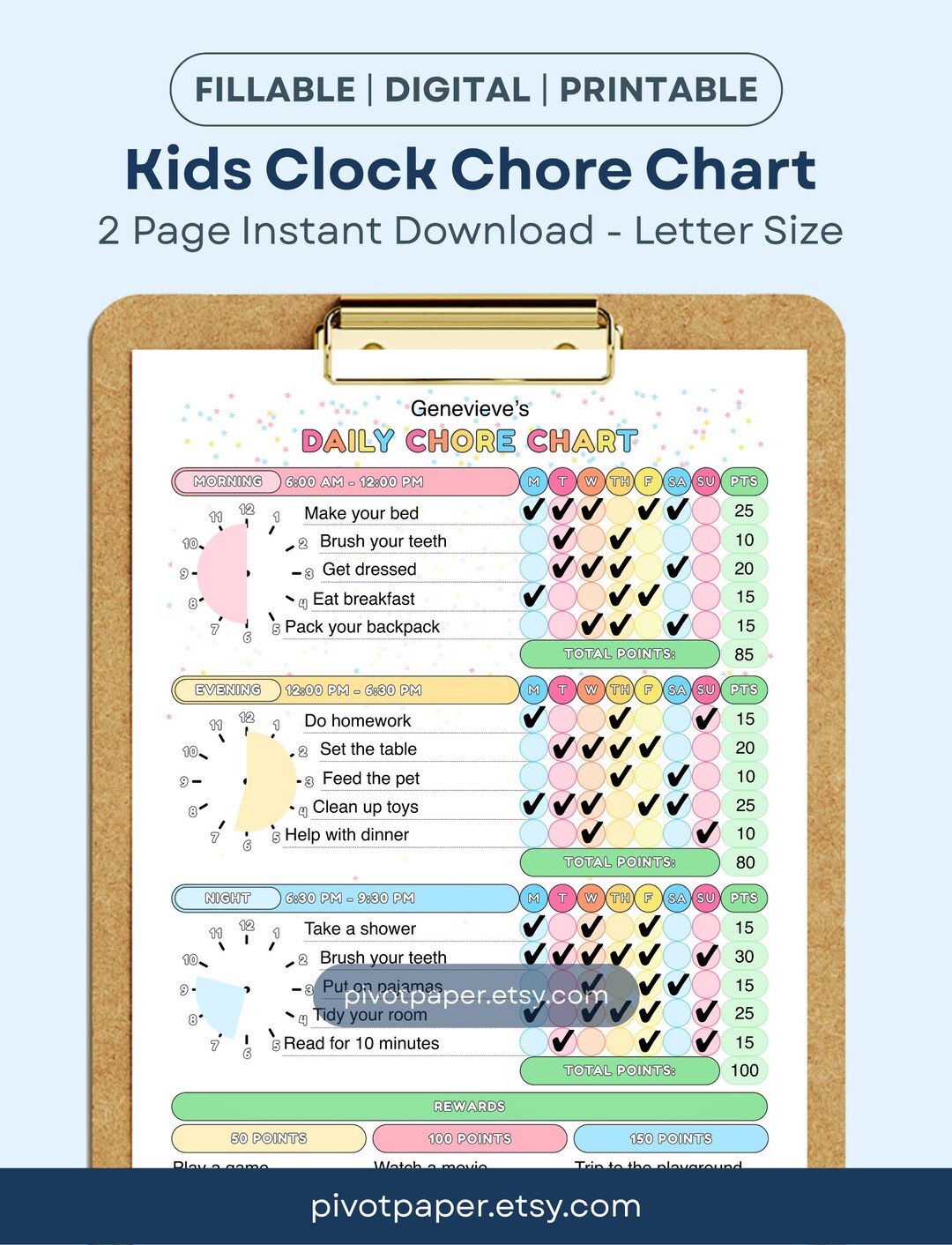 Fillable Kids Chore Chart: Daily Morning Evening Night Responsibility ...