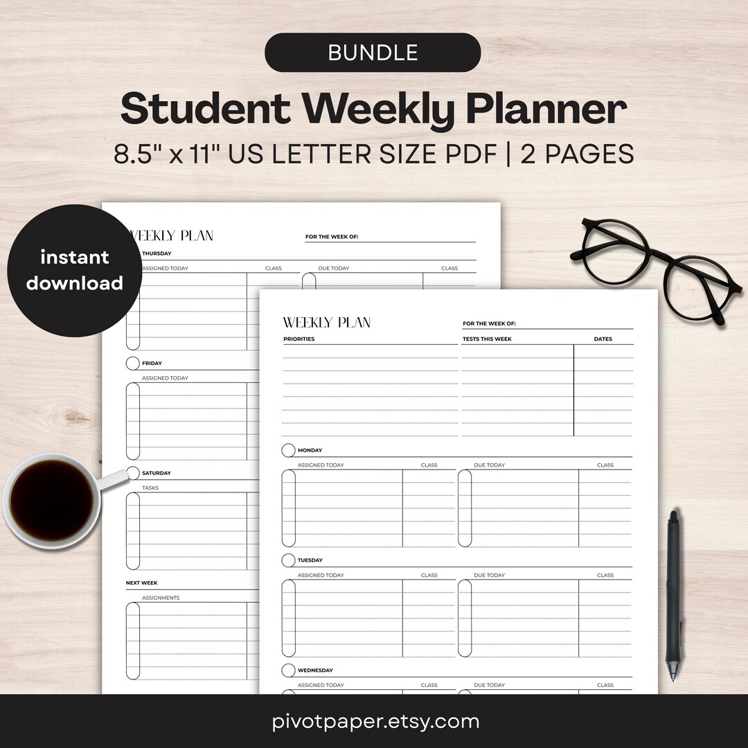 Student Planner Printable 2 Page, Homework Checklist, Undated Weekly ...