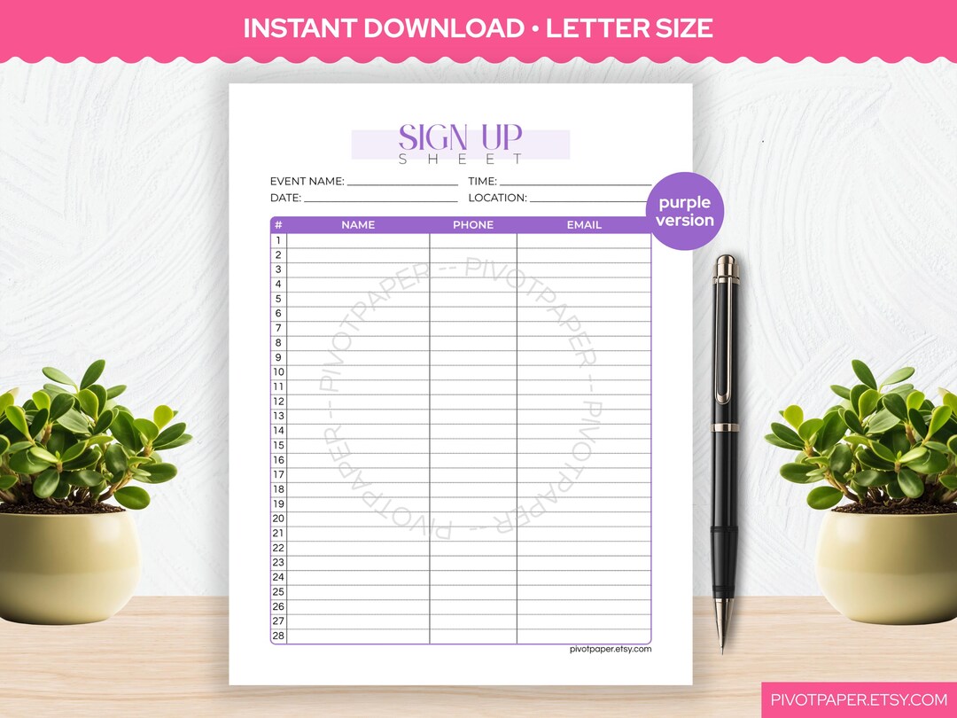 Fall Sign up Sheet Printable: Purple Event Registration (instant ...