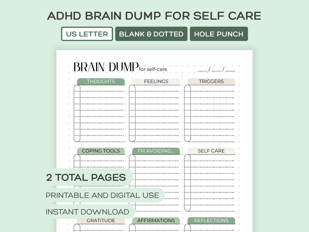 ADHD Brain Mind Dump for Mental Health With Categories, Digital ...