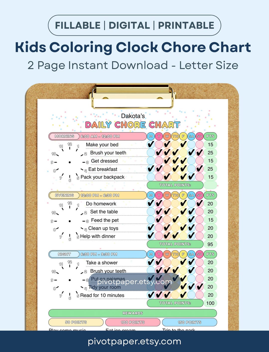 Kids Coloring Clock Chore Chart W/ Time Blocks, Fillable Daily & Weekly ...