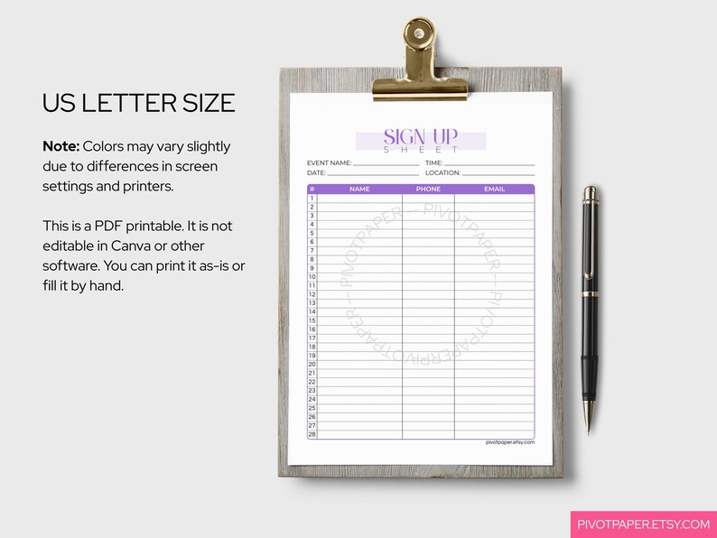 Fall Sign up Sheet Printable: Purple Event Registration (instant ...