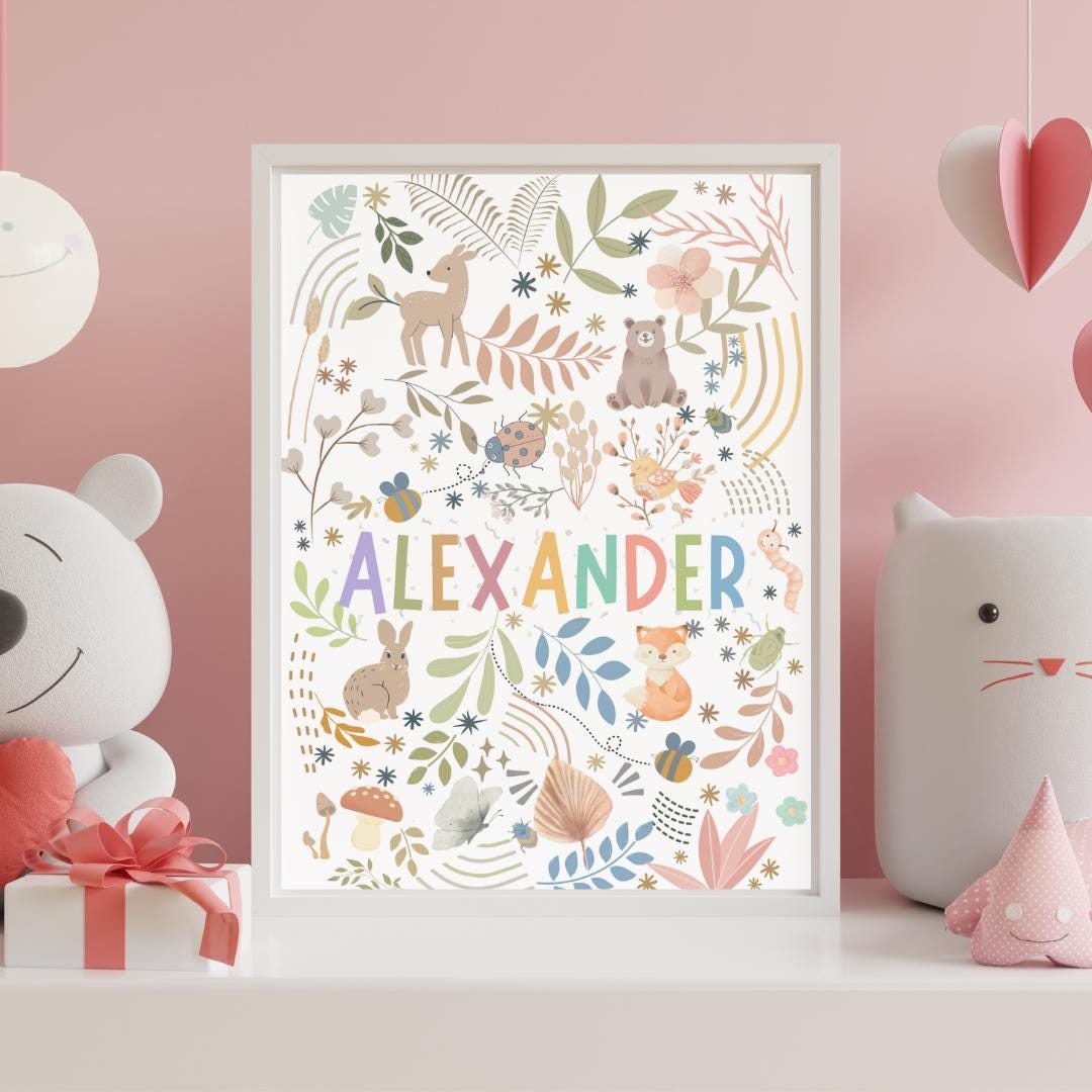 Personalized Name Poster for Kids, Custom Nursery Wall Art, Woodland ...