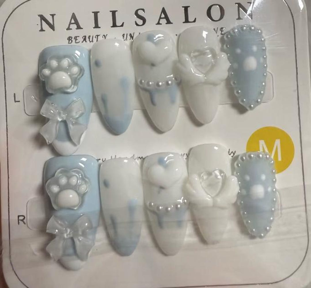 Light Blue Cute Bear / Cat Claws Design Press on Nails - Easter Almond ...