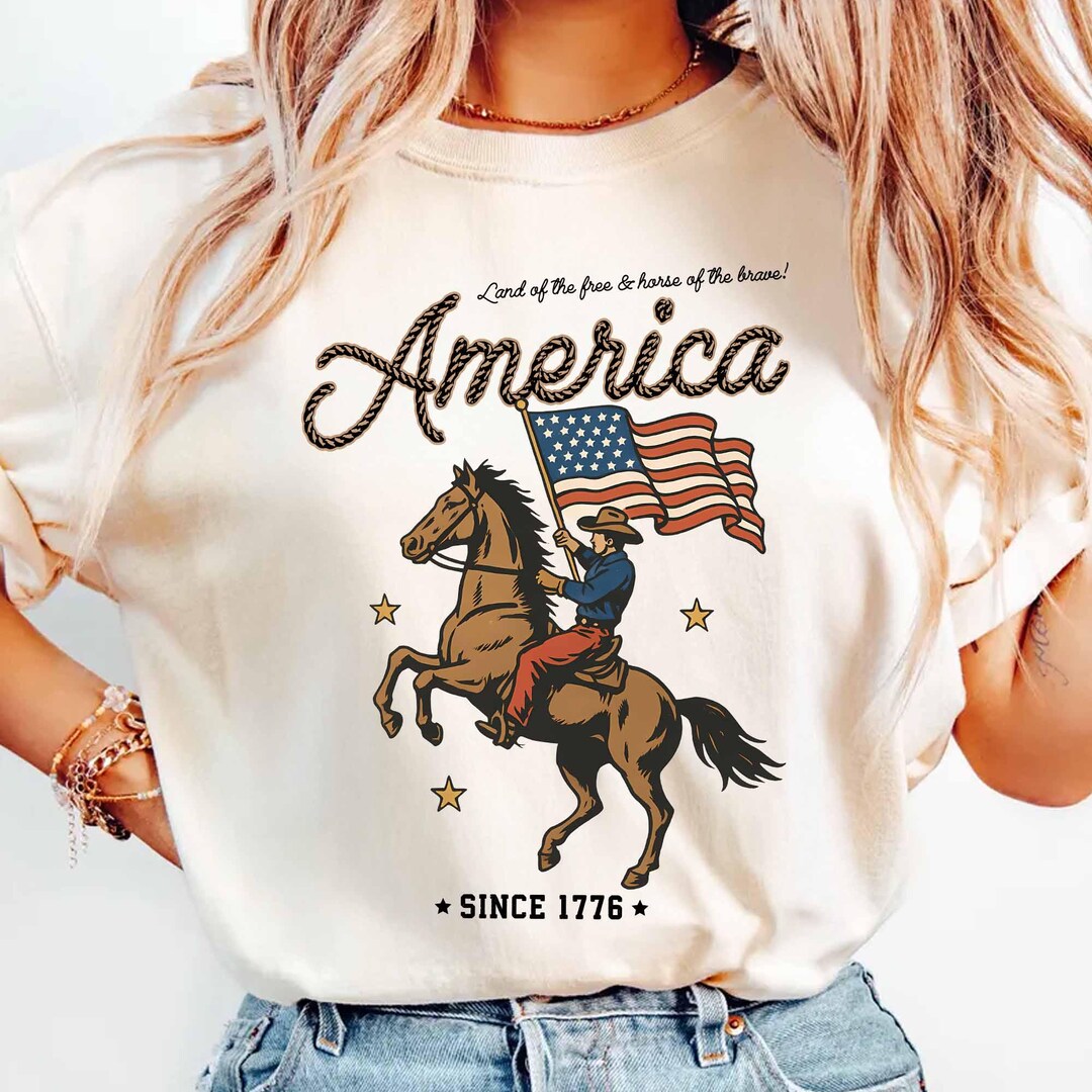 Western America T Shirt Cowboy Waving American Flag Retro Graphic Tee ...