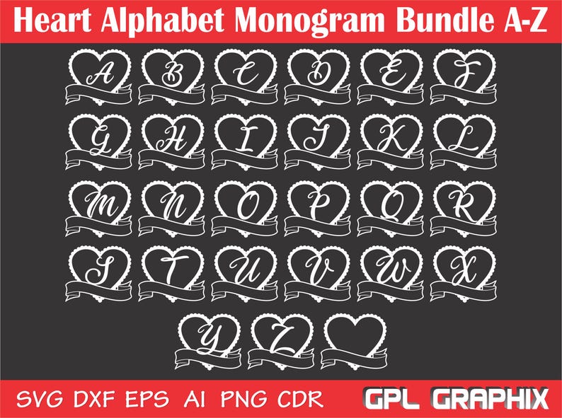 Alphabet Monogram Bundle A-Z - Heart Monogram - Svg, Dxf, Eps, Ai, Png ...