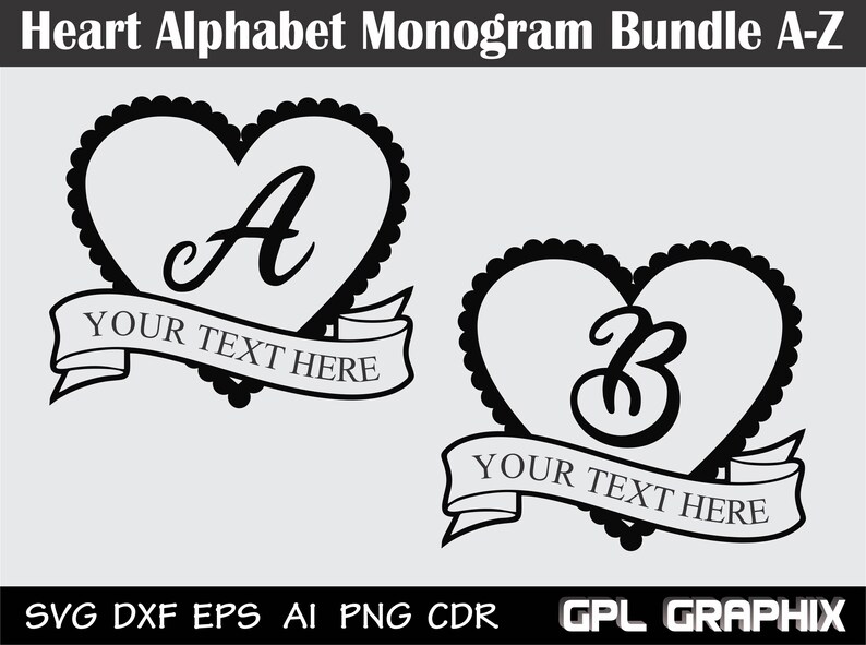 Alphabet Monogram Bundle A-Z - Heart Monogram - Svg, Dxf, Eps, Ai, Png ...
