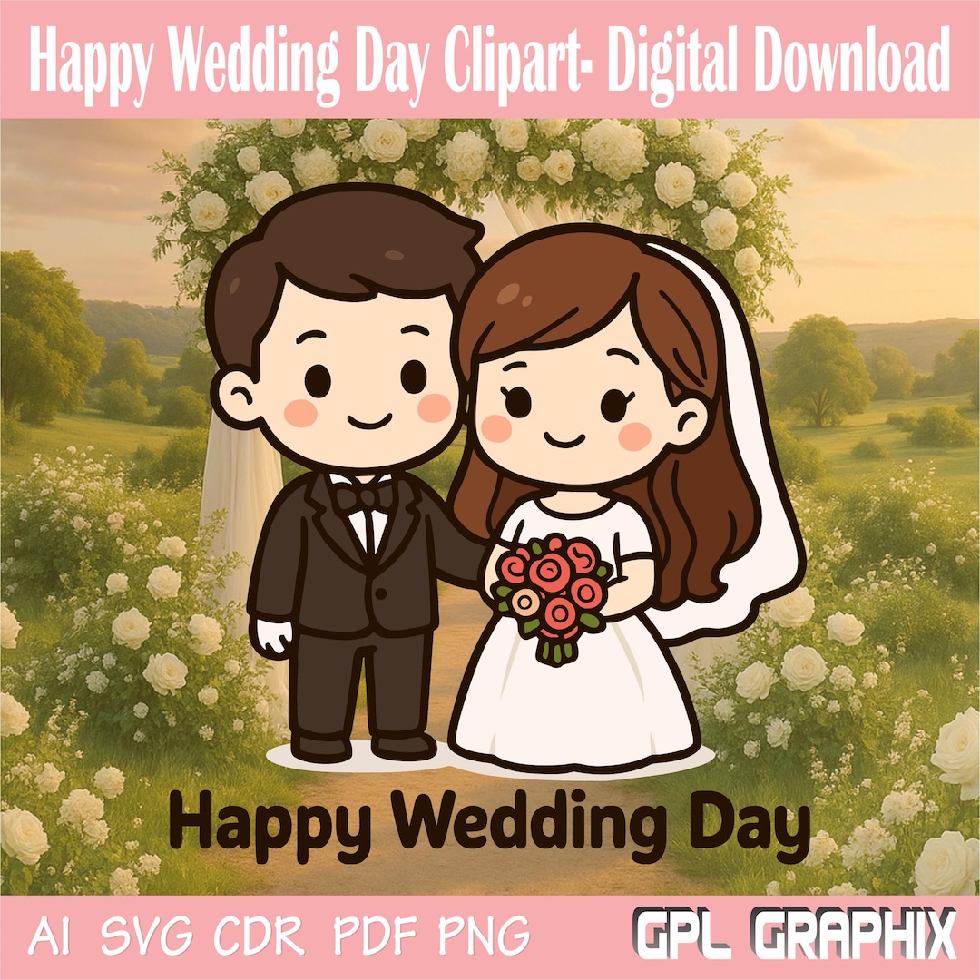 Happy Wedding Day Clipart Cute Bride and Groom - Digital Download - Etsy
