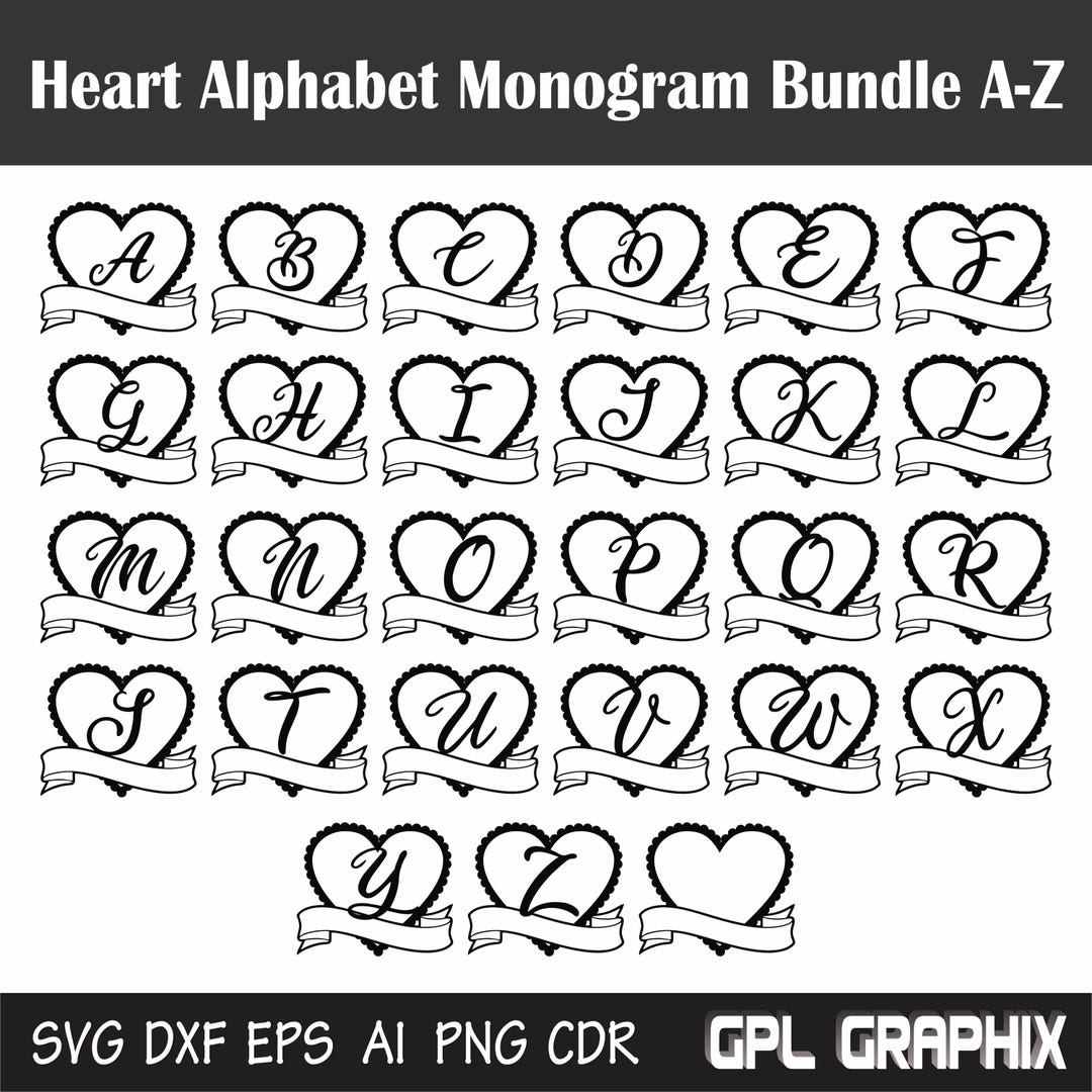 Alphabet Monogram Bundle A-Z - Heart Monogram - Svg, Dxf, Eps, Ai, Png ...