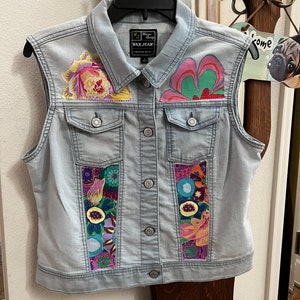 Upcycled Fussy Cut Denim Vest With Multi-color Appliqué - Size L - Etsy