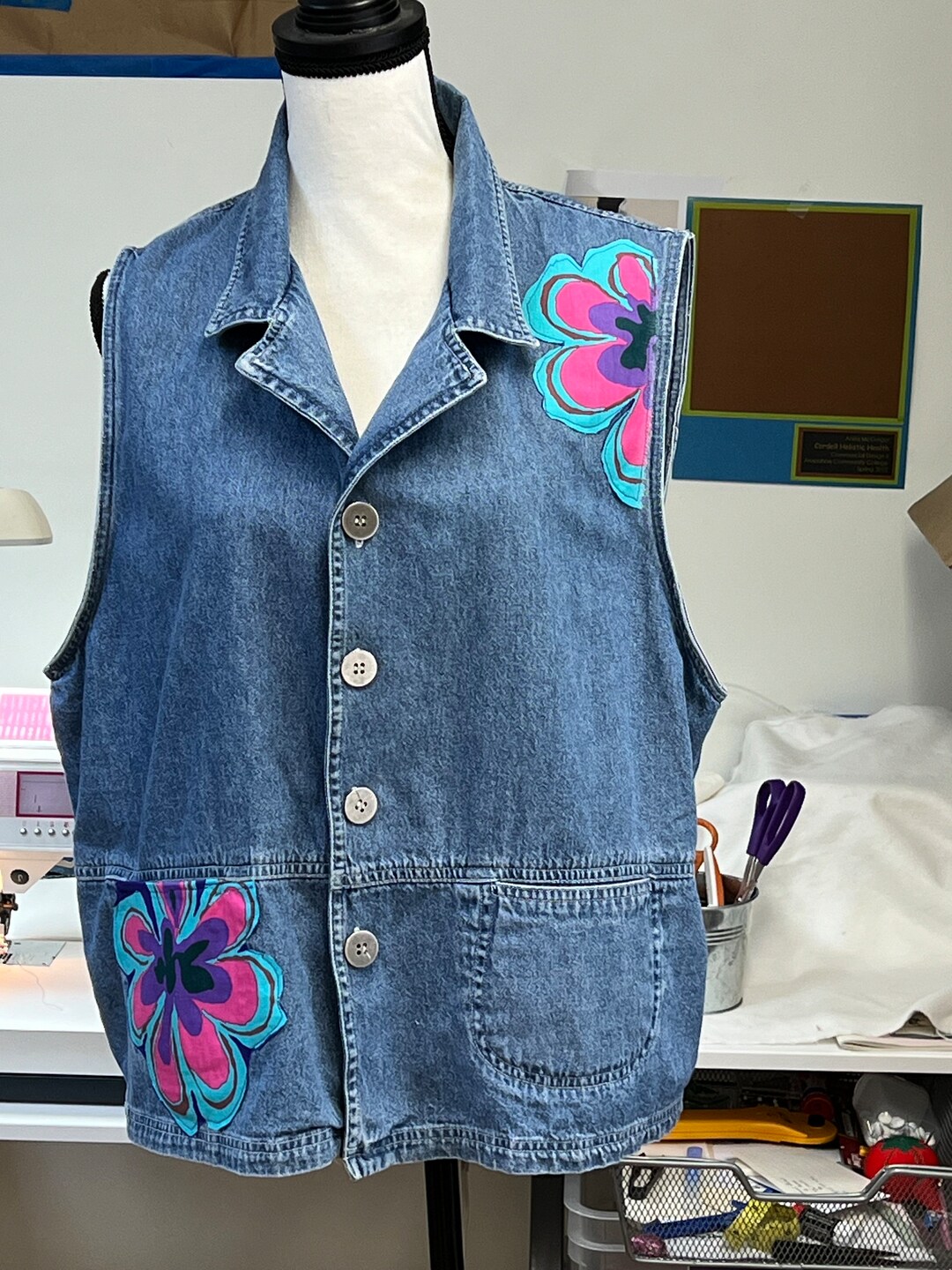 Upcycled, Recycled Denim Vest With Multi-color Appliqué - Chico’s Size ...