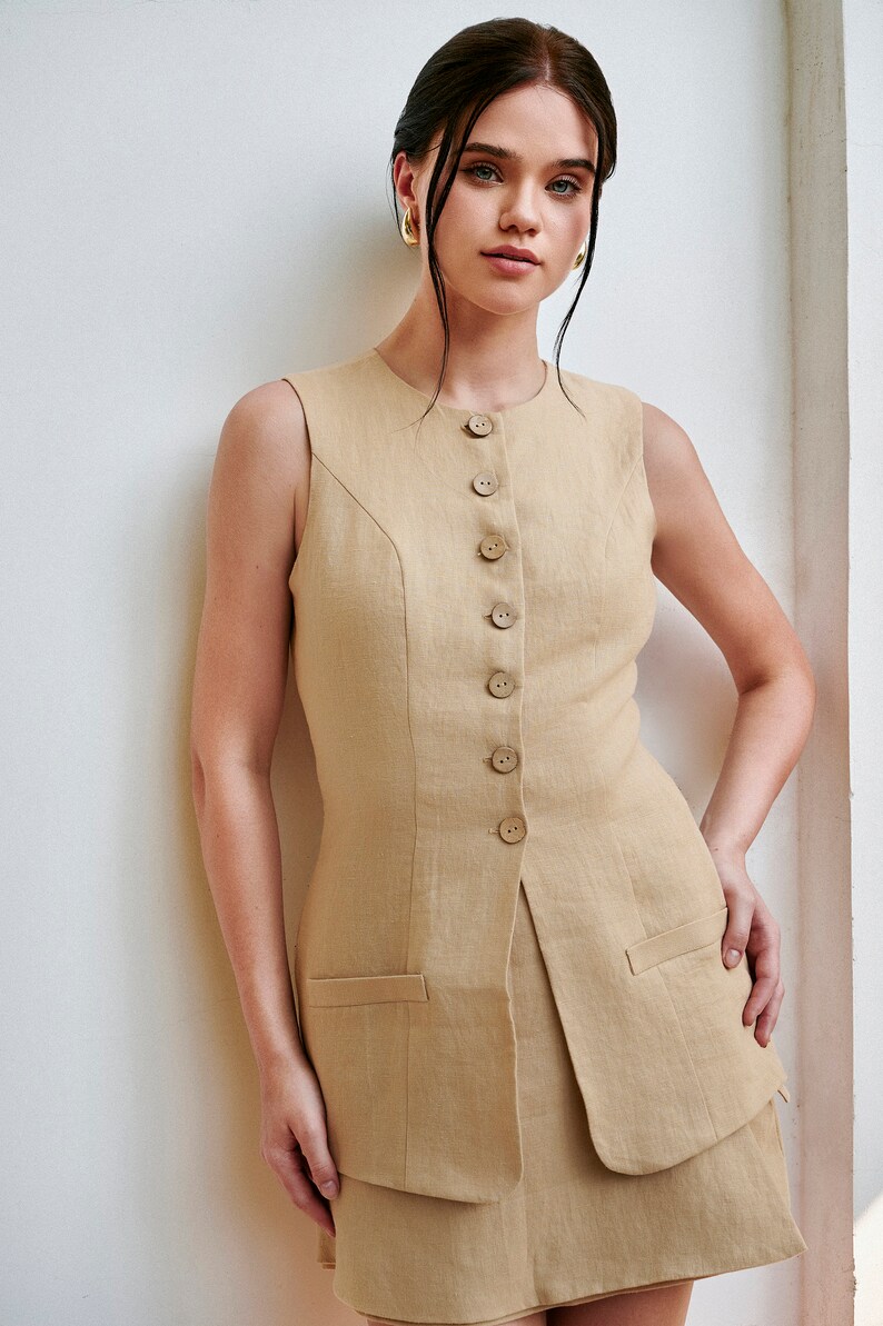 Light Brown Linen Vest: Women's Sleeveless Button Top - Etsy