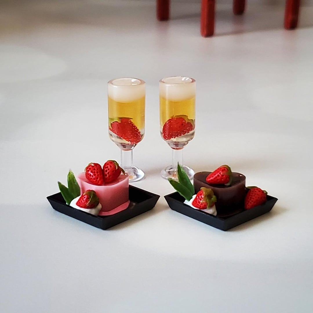 1:6 Scale Miniature STRAWBERRIES & CHAMPAGNE Flutes and Heart Desserts ...
