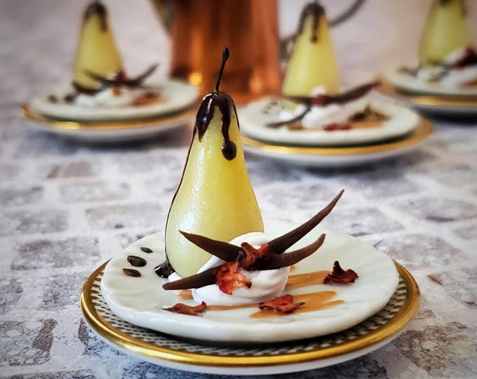 1:6 Scale Miniature Poached PEAR Individual Dessert on White Plate ...
