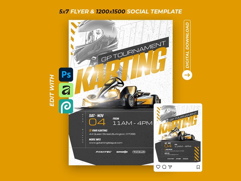 Editable Go-karting Flyer Template – 5x7 Flyer + 1200x1500 Social ...