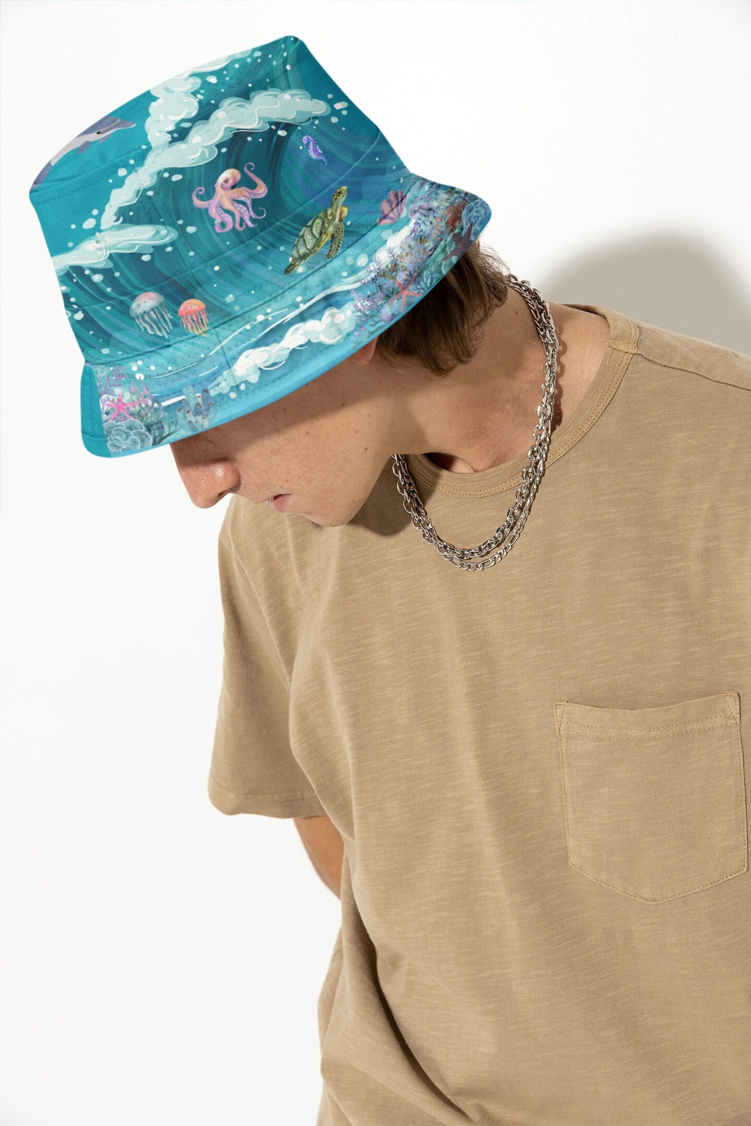 Blue Ocean Underwater Sea Life Bucket Hat, Sun Hat, Octopus, Turtle ...