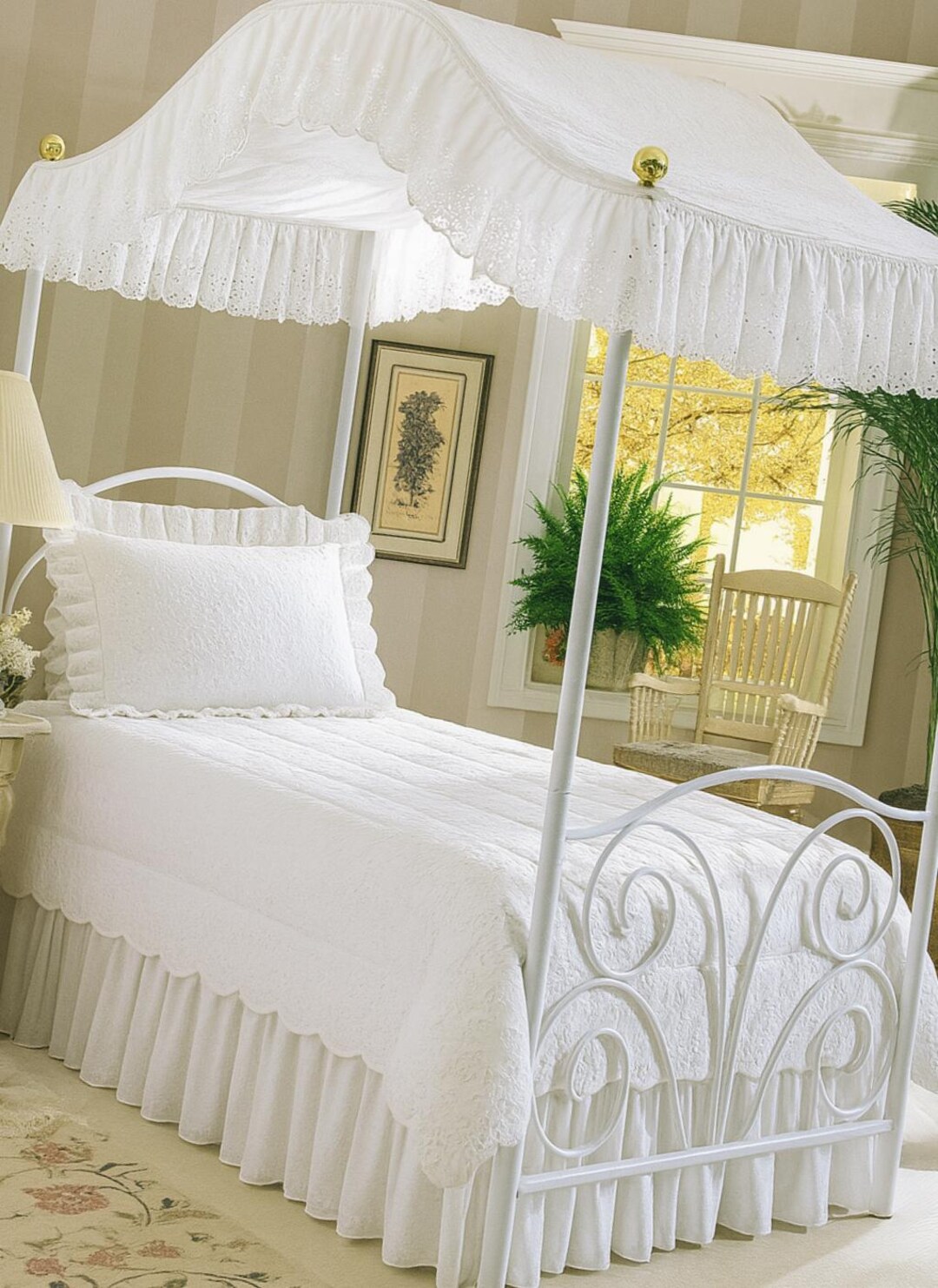 NEW! FULL SIZE White Eyelet With Embroidered Design Princess Canopy Bed ...