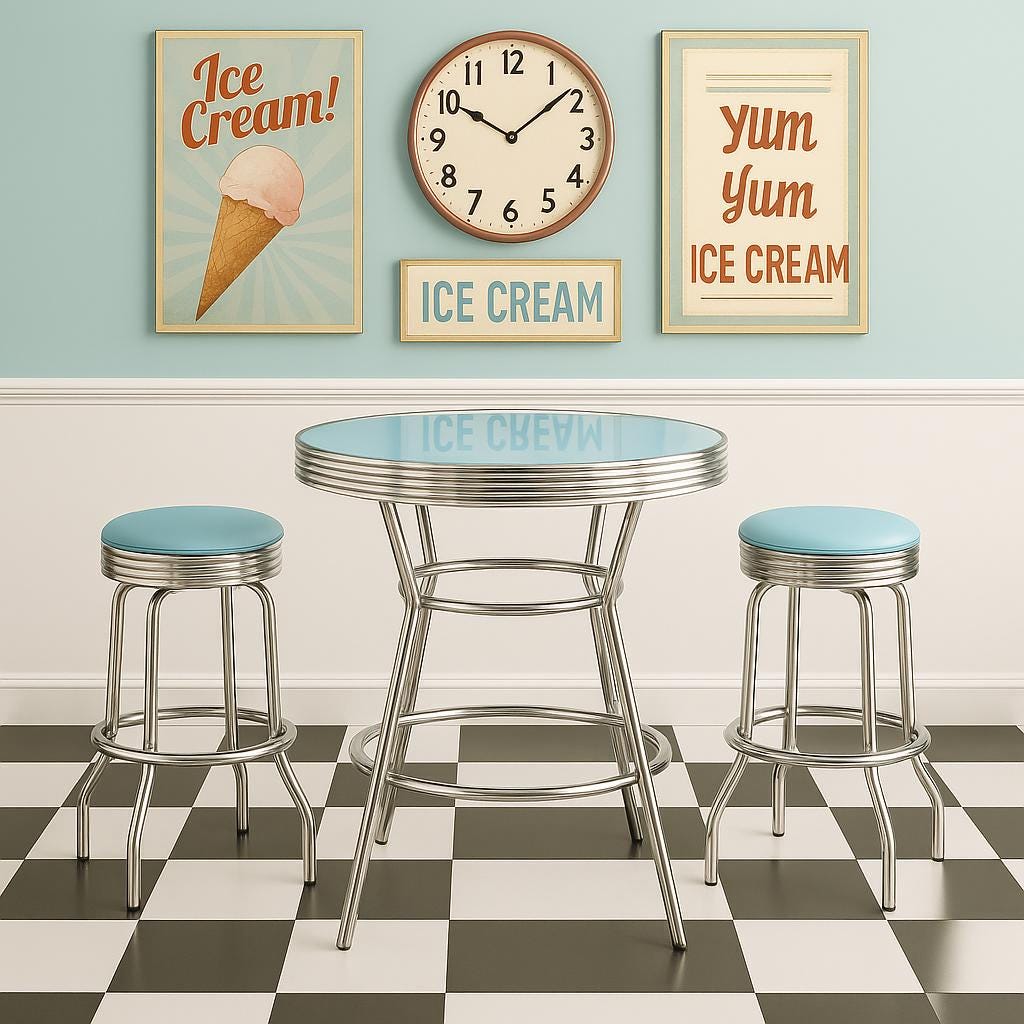 1950s Retro Bar Table Set With 2 Blue Cushioned Stools – Chrome Diner ...