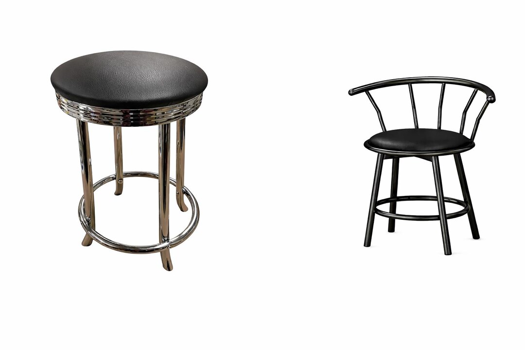 Short Bar Stool 22” • Low Counter Stool • Chrome or Black Metal Seat ...