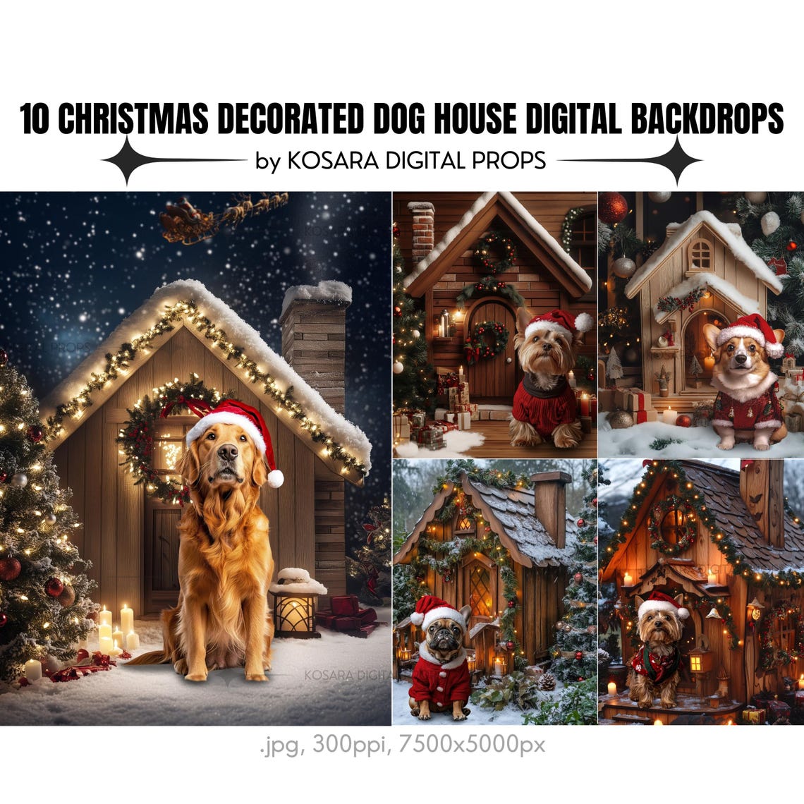 10 Dog Christmas Decorated Houses Digital Backdrops, Pet Christmas ...