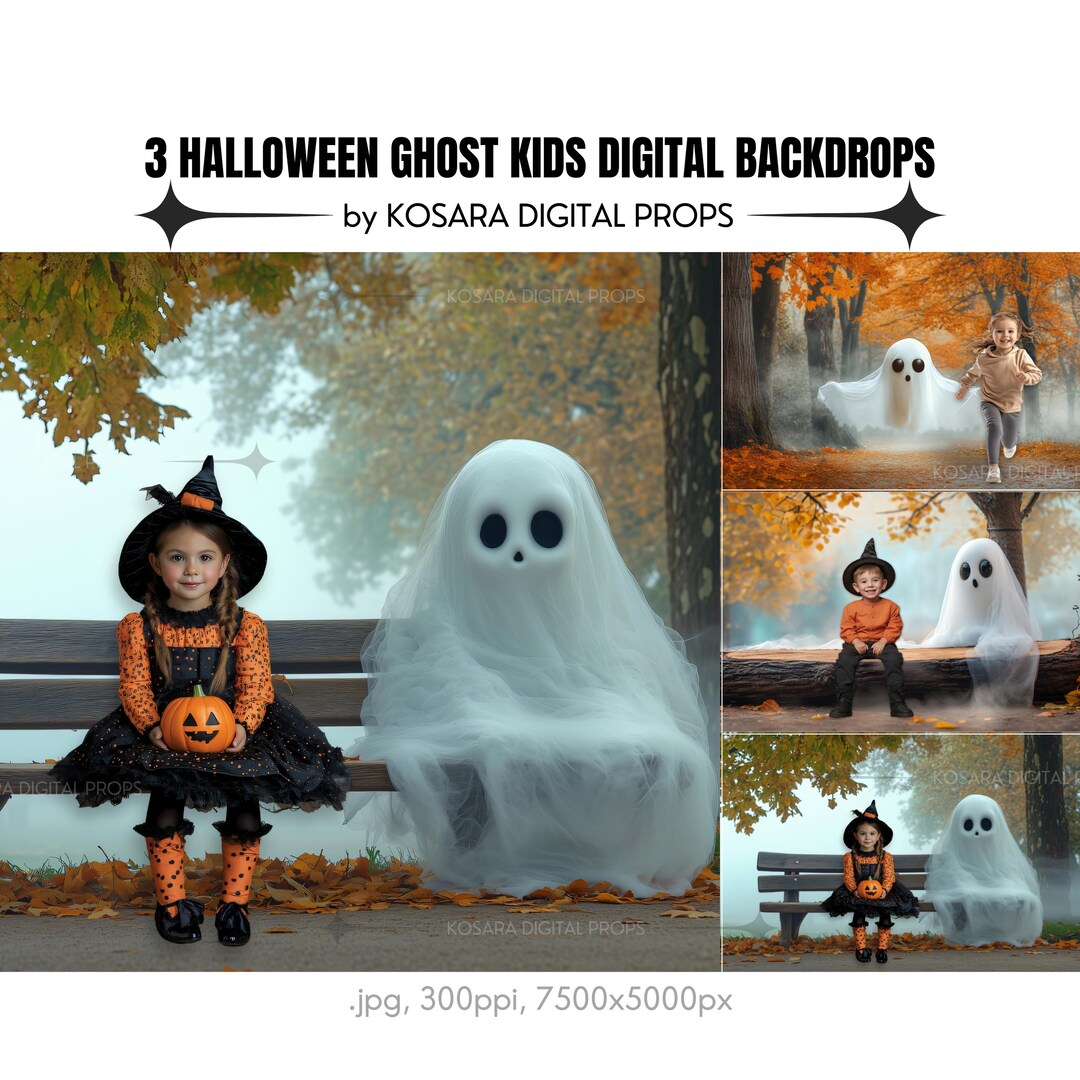 3 Halloween Spooky Ghost Kids Digital Backdrops, Fun Halloween ...