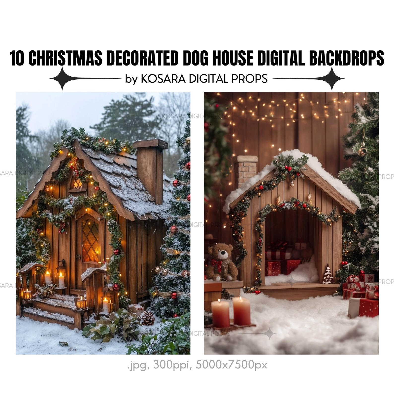 10 Dog Christmas Decorated Houses Digital Backdrops, Pet Christmas ...