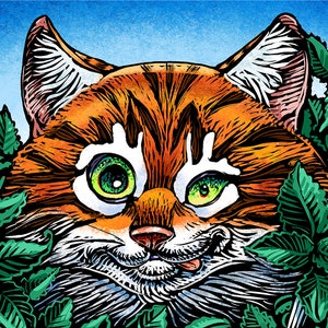 The Catnip Patch 8" X 10" Whimsical Cat Art Print- Tabby Cat in Catnip ...