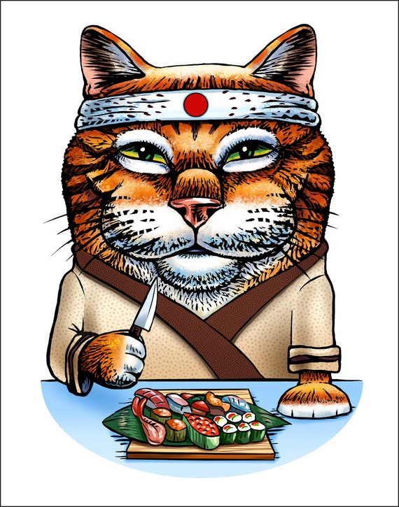 Konnichiwa 11 X 14 Cat as Sushi Chef Art Print | Etsy