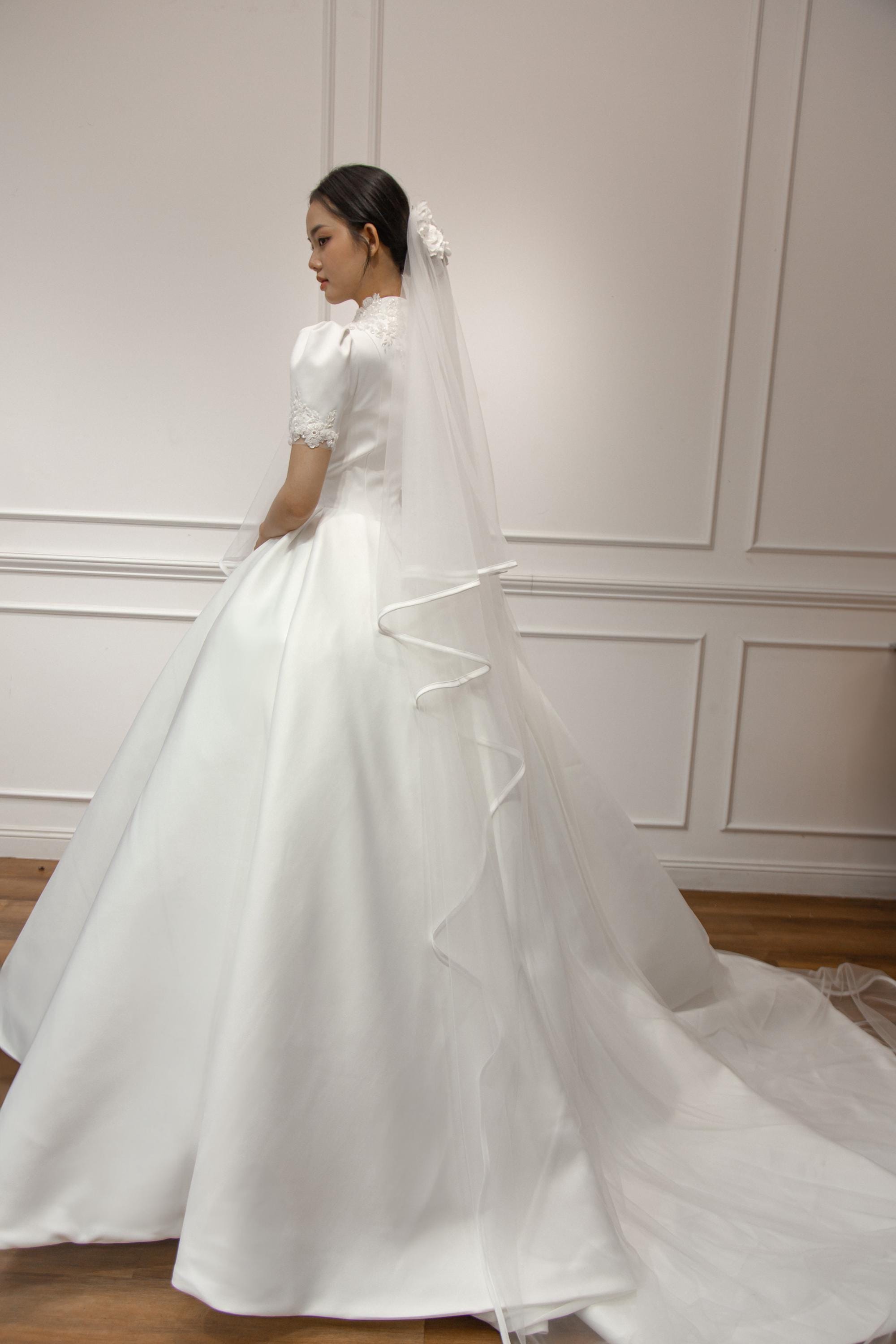 Silk Basque Waist Wedding Dress | Luxurious V-neck Ball Gown Puff ...